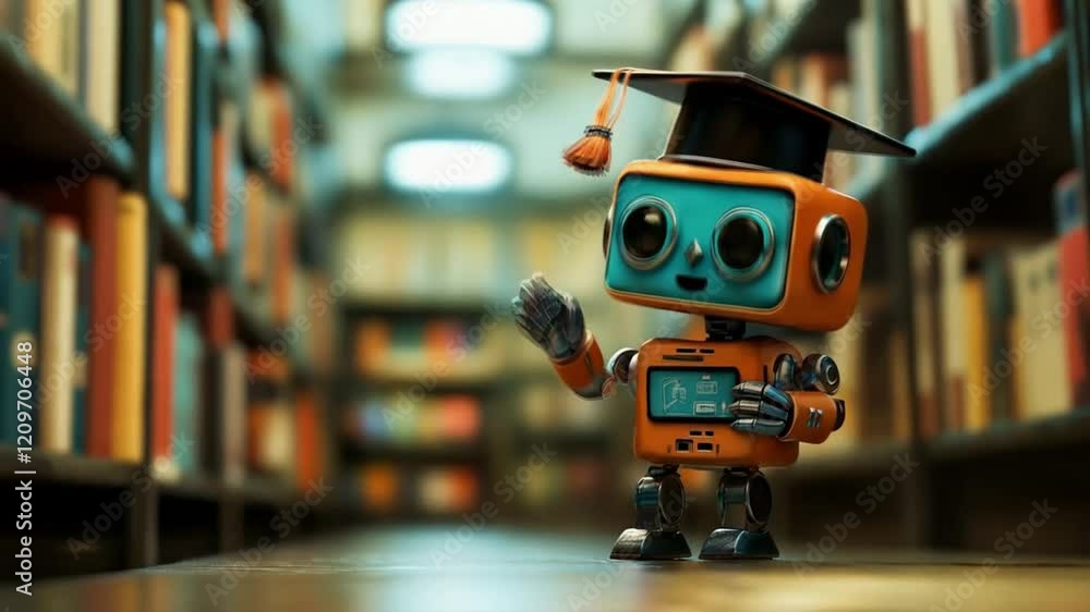Scene of video robot wearing graduation cap in library, smooth ...