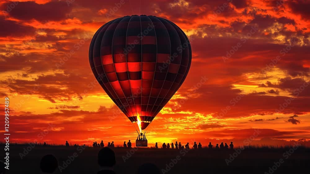 A striking hot air balloon rises against a vibrant sunset, casting ...