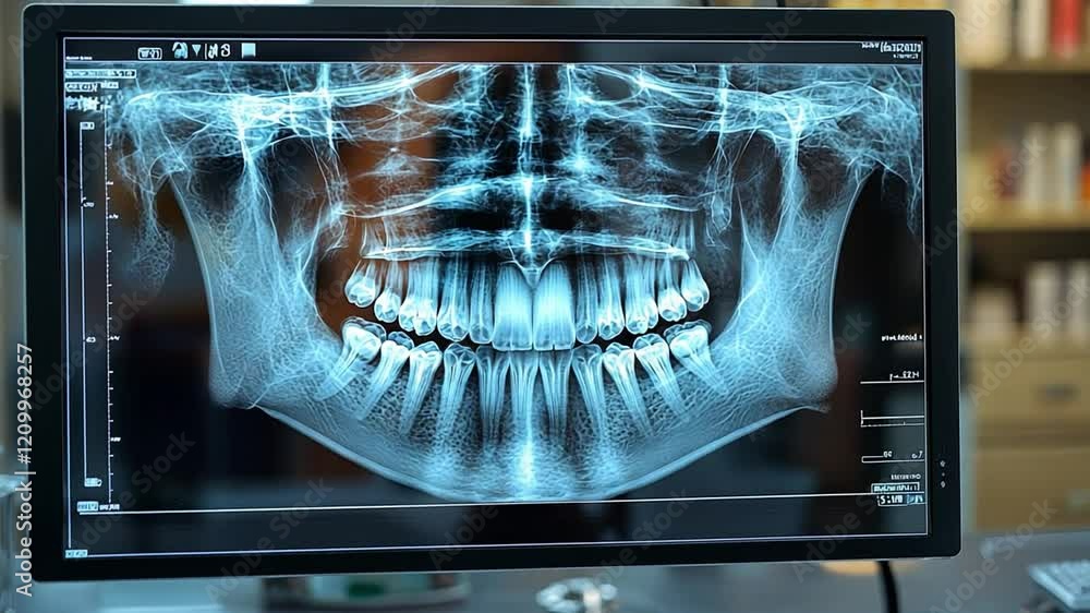 Dental Panoramic X-Ray on Monitor: A detailed panoramic x-ray of a full ...