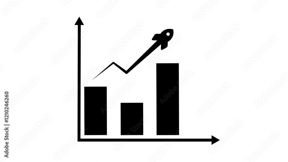 Three bar positive business graph with rocket arrow animation black ...
