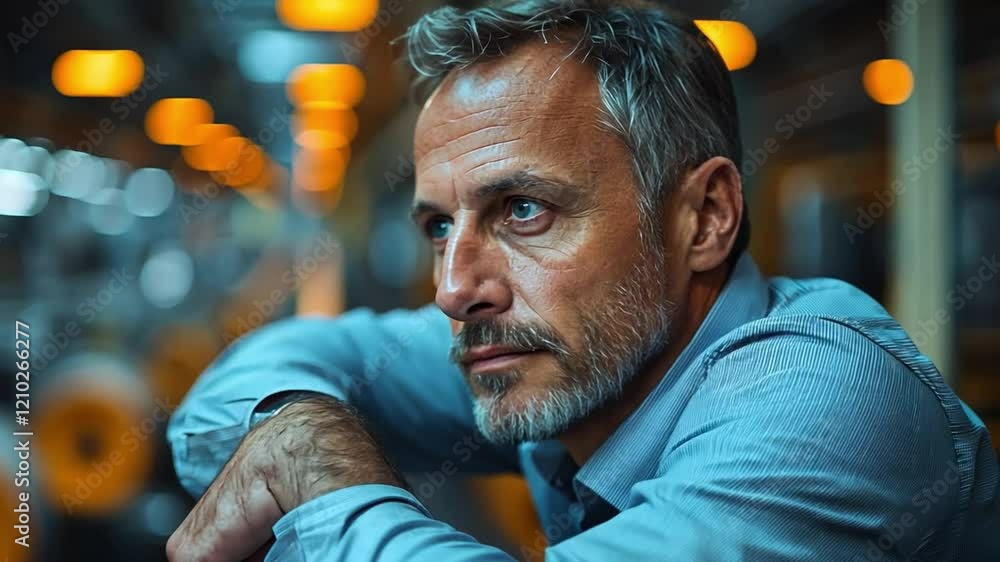 Contemplative Industrialist: A seasoned man with salt and pepper hair ...