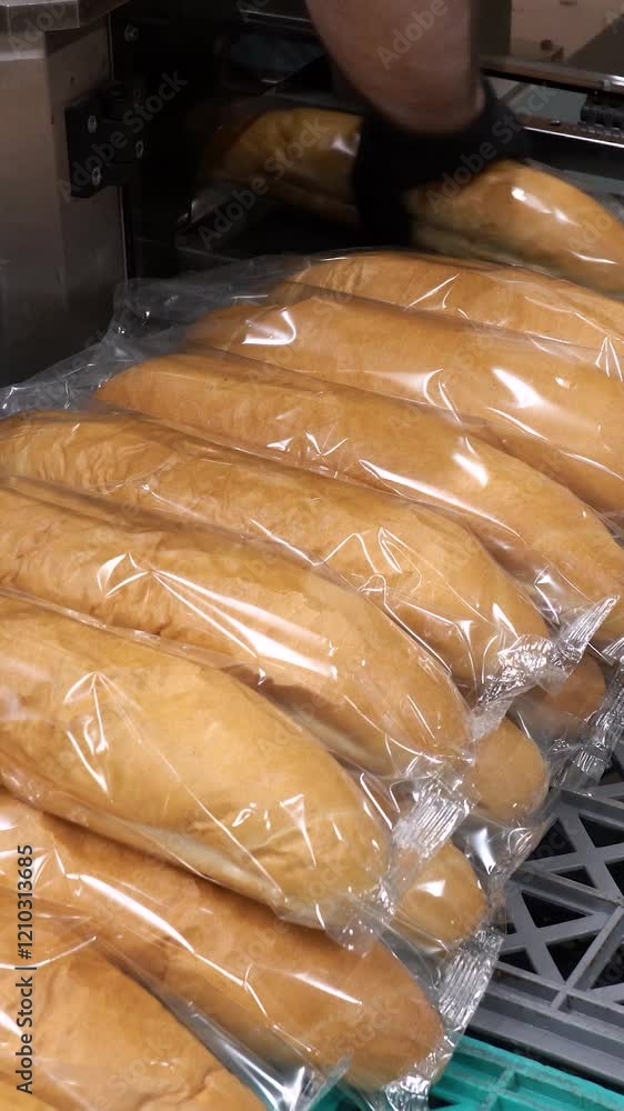 Worker Works on Bread Packaging Line. Loaves of bread being wrapped in ...