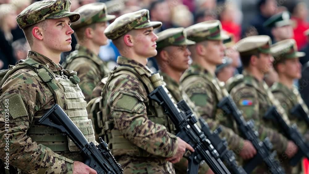 A line of soldiers in military uniforms and camouflage gear stand at ...