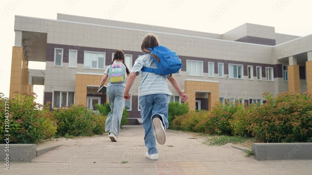 child running school, happy child first graders run school with ...