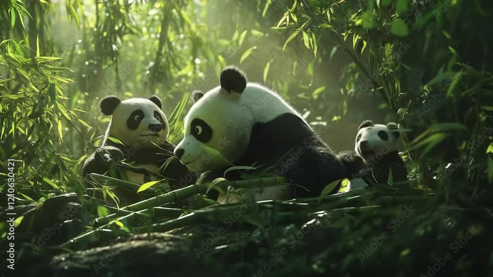 Scene of pandas family in bamboo forest, smooth repeating motion for ...