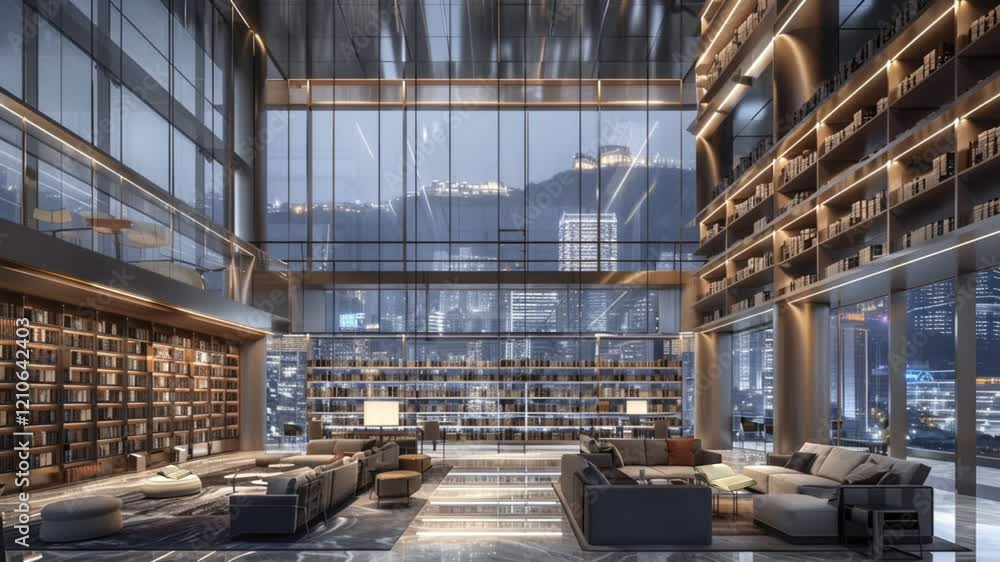 Modern luxury library with floor-to-ceiling glass windows saemless ...