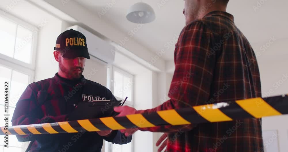 Policeman, male officer, member of police force asking man at crime ...