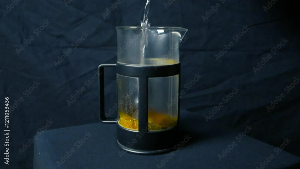 Close up footage of boiling hot water being poured into a French coffee ...