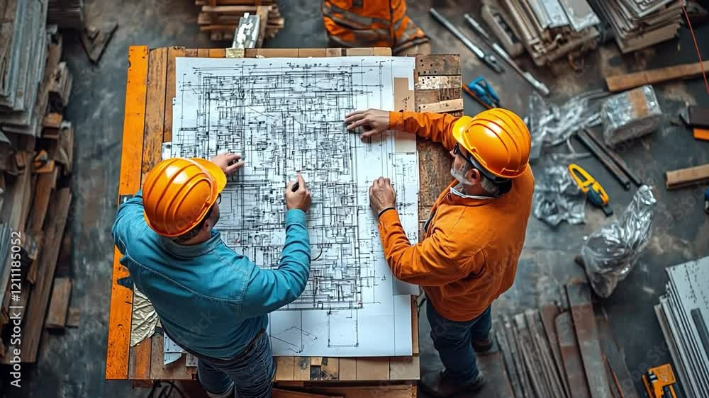 Blueprints to Reality: Two construction workers collaborate on a ...