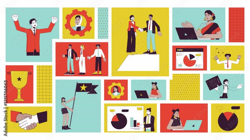 Corporate workers success animated bento grid layout. Team leader ...