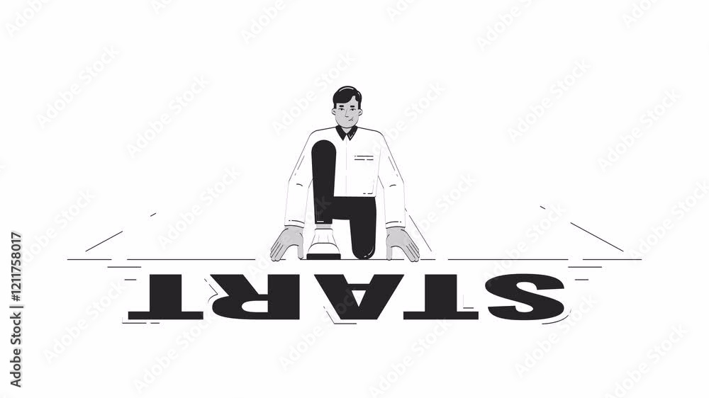 Young professional man poised at starting line outline hand drawn 2D ...