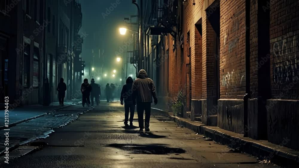 gang men in dark clothes and hoods walk down a dim city street at night ...