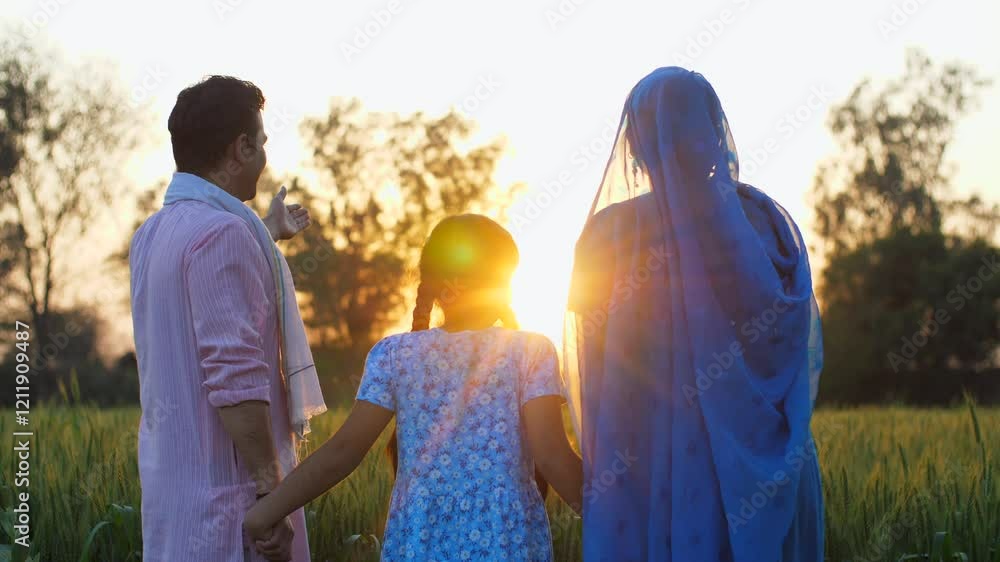 An Indian farmer and his family standing in the field together - back ...