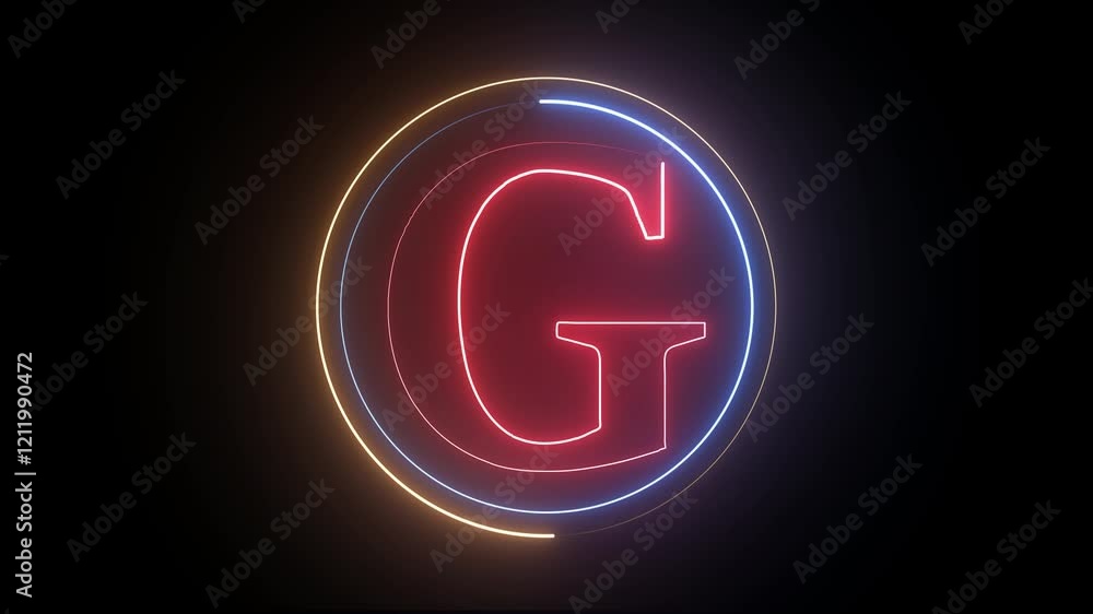 glowing Neon english G Letter icon with circle animation on a black ...