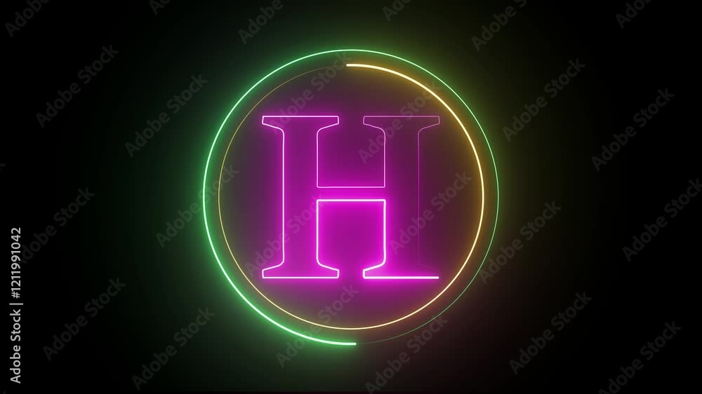 glowing Neon english H Letter icon with circle animation on a black ...