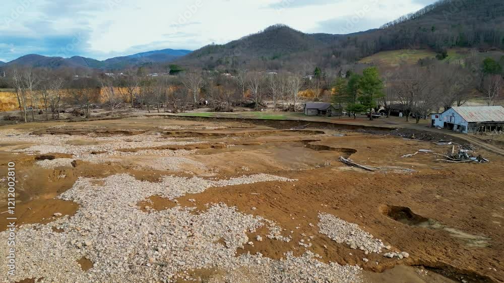 4K Aerial Drone Video of Erosion and Debris Around Barn and Cabin ...