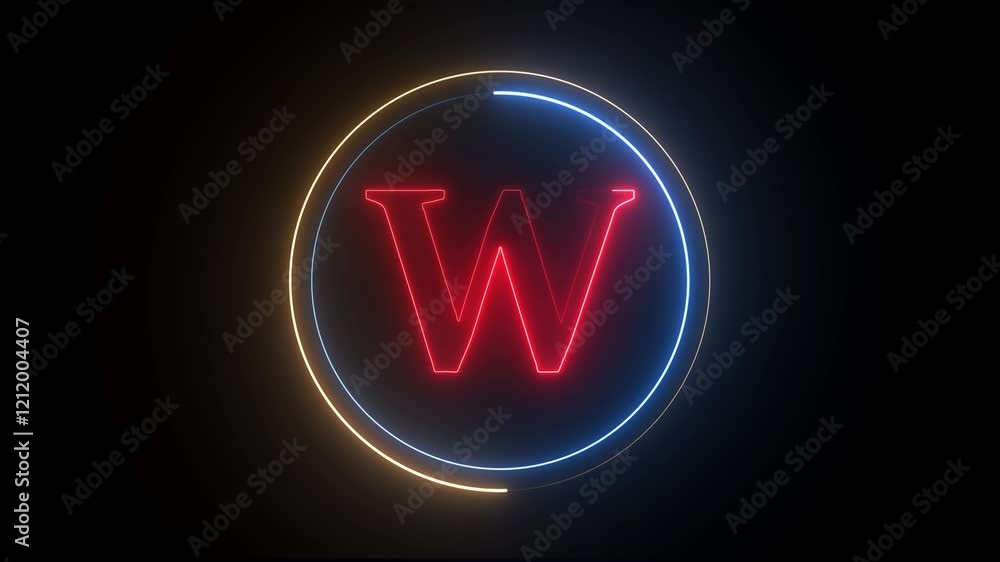 glowing Neon english W Letter icon with circle animation on a black ...