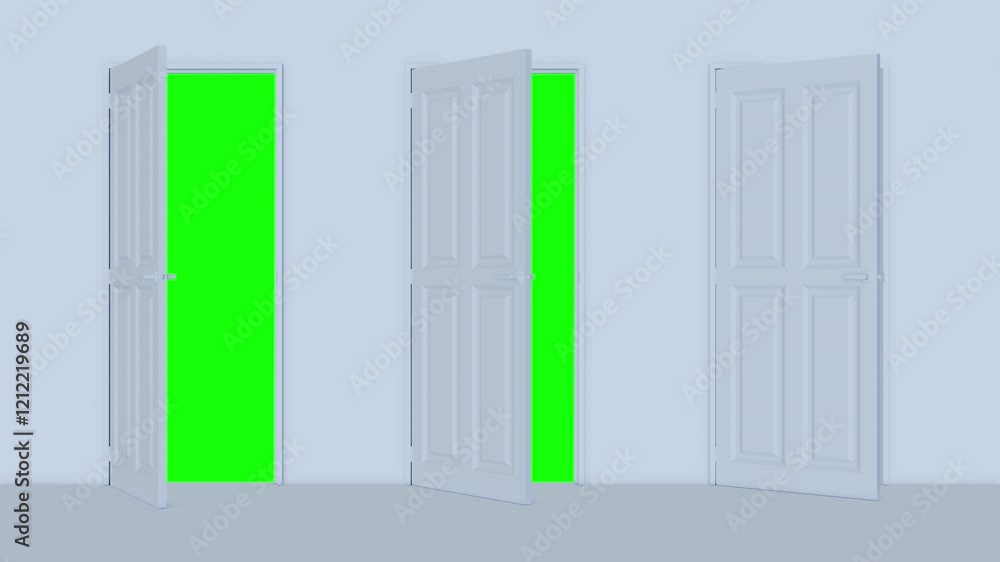 Three white opening door in empty room with chroma key background ...