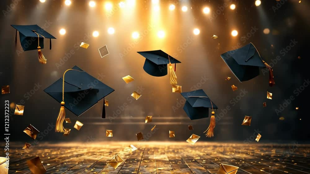 Graduation stage background with black balloons and gold confetti ...