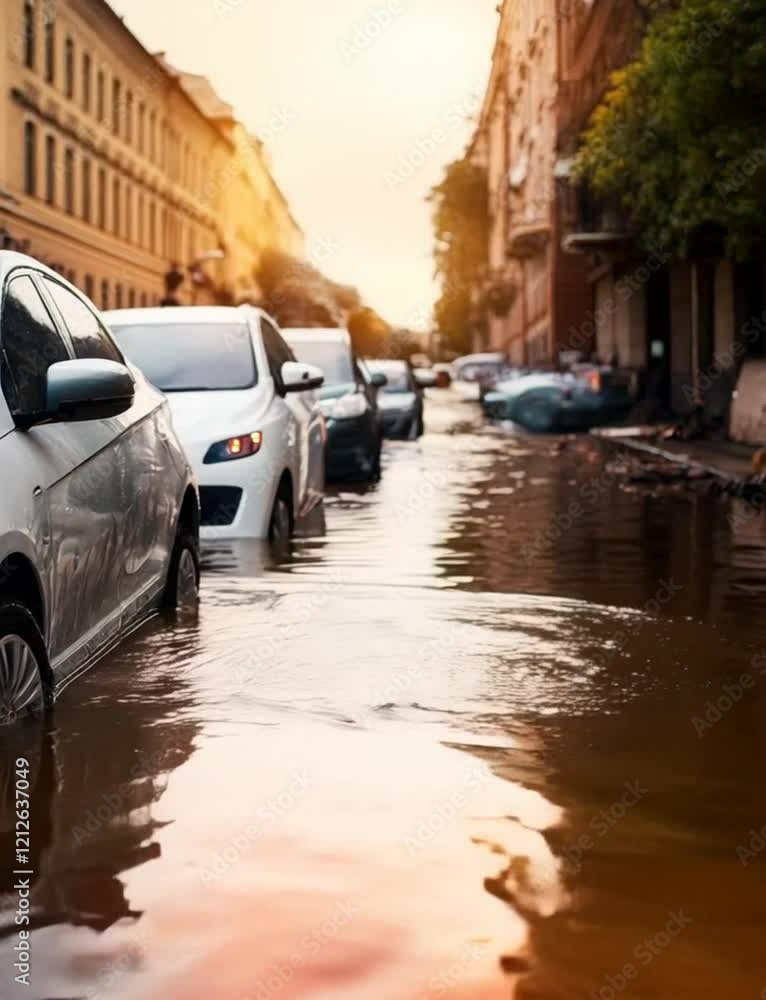 Vertical video of a flooded city street with cars stranded, showing the ...