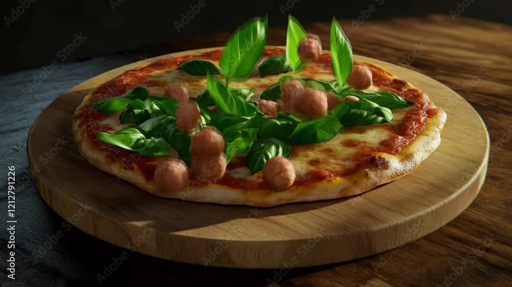 Scene of Pizza dish topped with basil leaves and meat , smooth ...