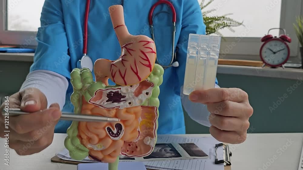 Model intestinal tract. Doctors hands with intestines. Large and small ...