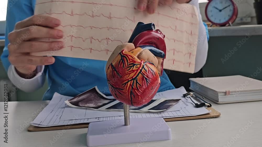 Doctor cardiologist examining electrocardiogram of artificial model of ...
