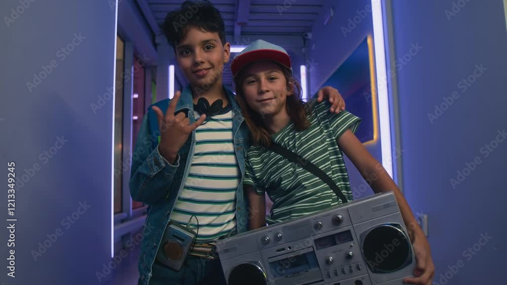 Medium portrait of two multiethnic best friends, Middle Eastern boy in ...