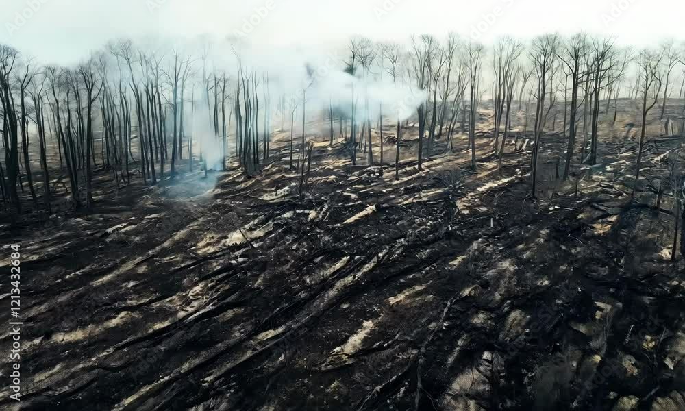 Burned forest with charred trees and ashes on the ground, devastating ...