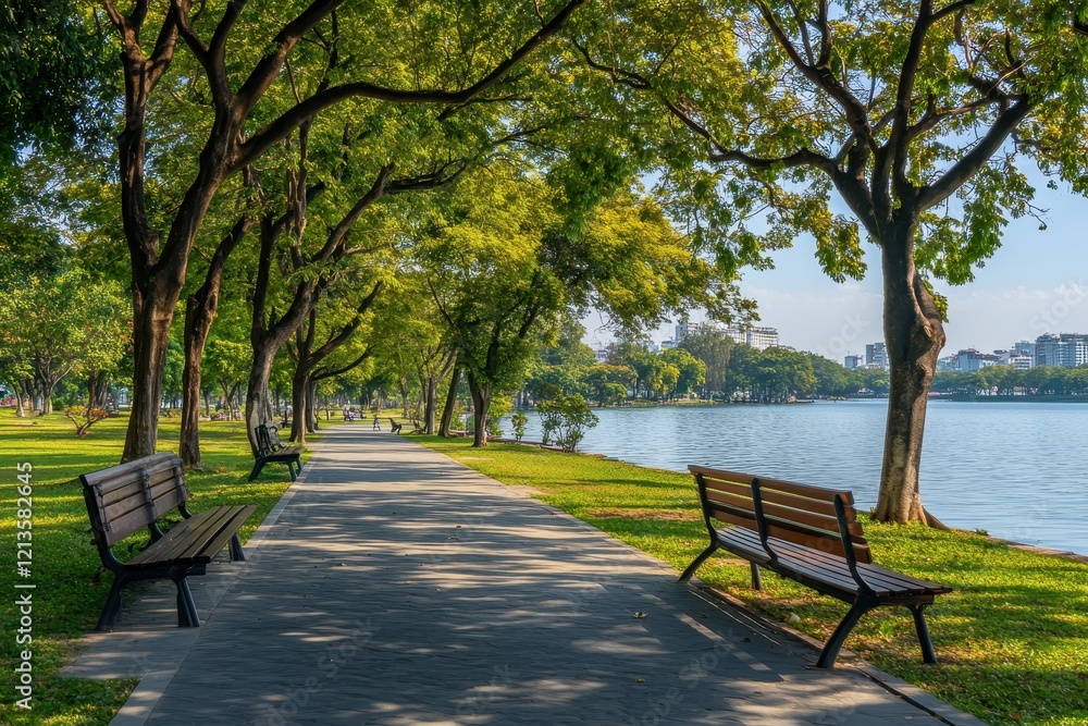 Poster Lakeside park path, shaded benches, city skyline, tranquil ...
