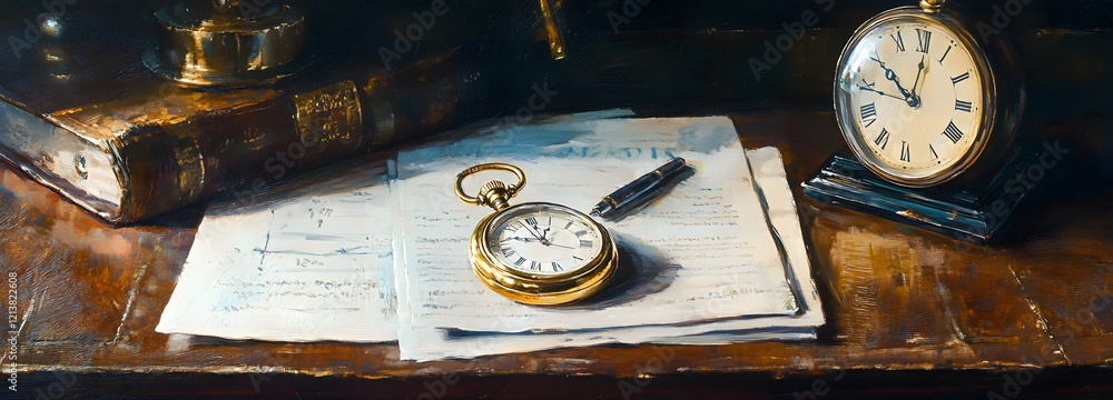 Poster A timekeeper is desk, with a vintage pocket watch, papers, and ...