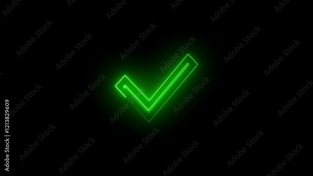 Neon animation of check mark sign. Neon glowing green check mark icon ...