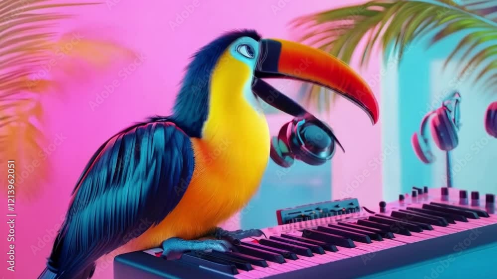 Scene of a toucan sings on a piano with a colorful background, smooth ...