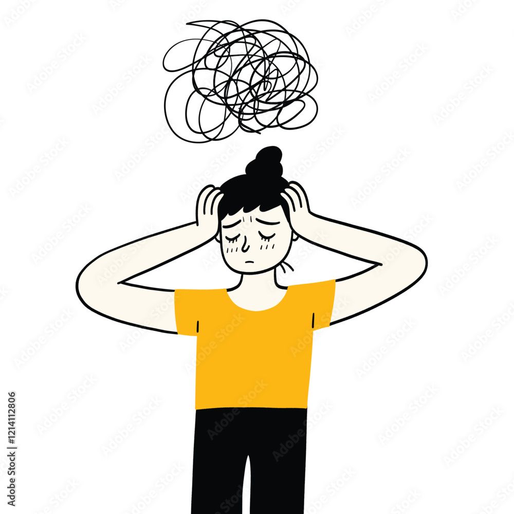 Plakát Hand drawing vector illustration, Sad young girl having restless ...