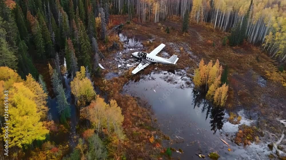 Distant aerial shot of a plane crash in a coniferous taiga forest ...