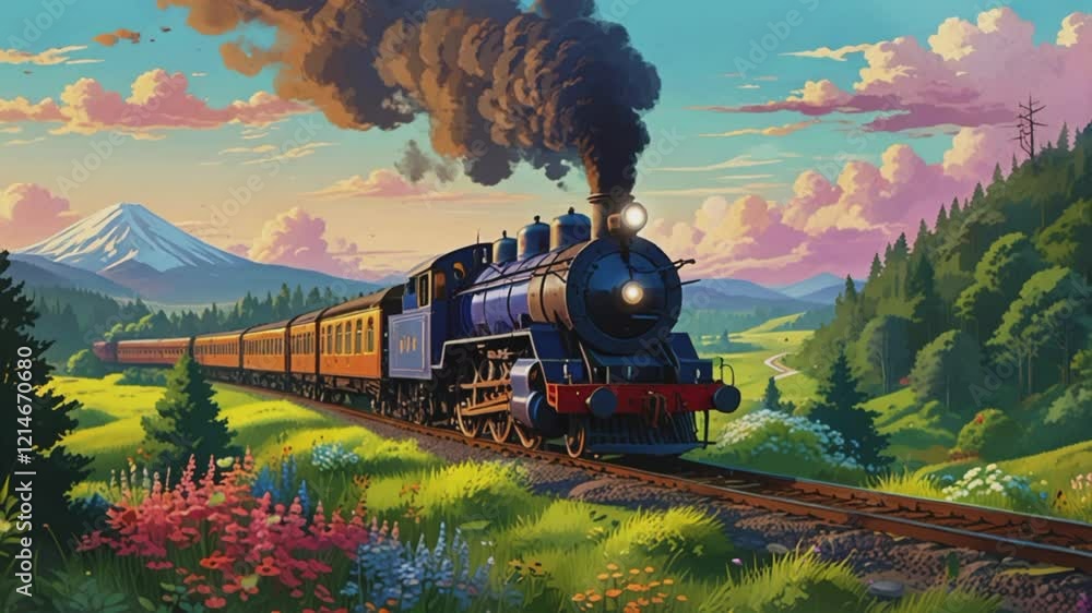 Classic steam locomotive passing through the forest, seamless 4K ...