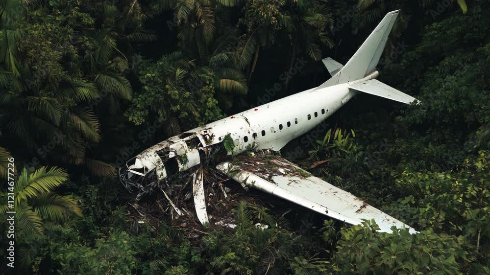 Distant aerial shot of a plane crash in a dense rainforest. Tragic ...