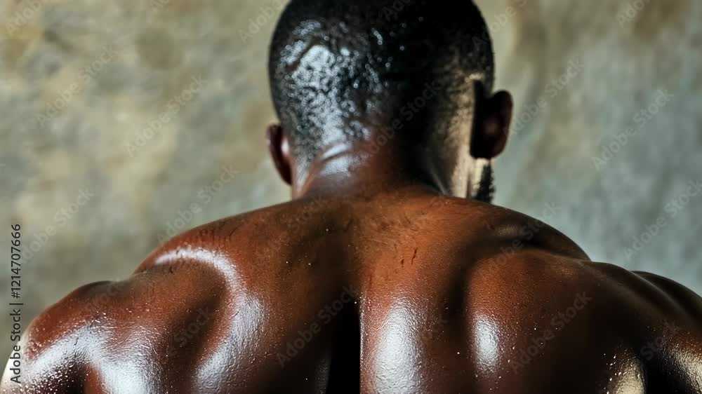 Muscular African American man seen.Glistening skin highlights physical ...