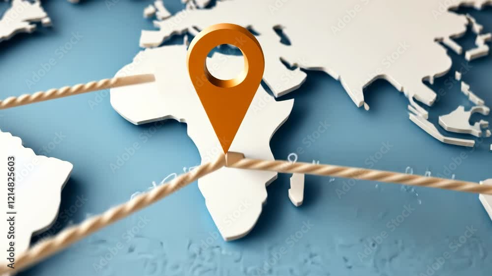 World map with a location pin highlighting a specific area connected by ...