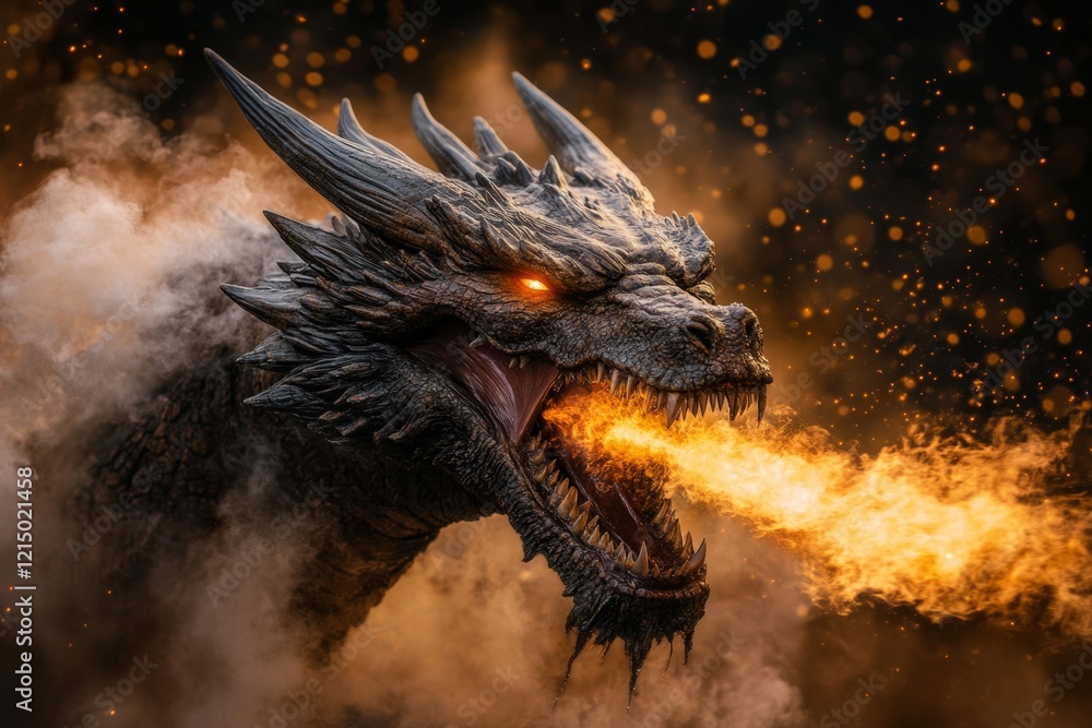 Poster A fiery, mythical beast roaring in rage, with flames erupting ...