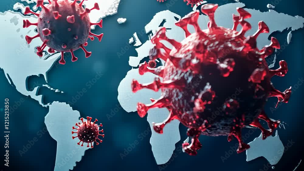 Red virus particles stylized world map depicted blue.Viruses spread ...