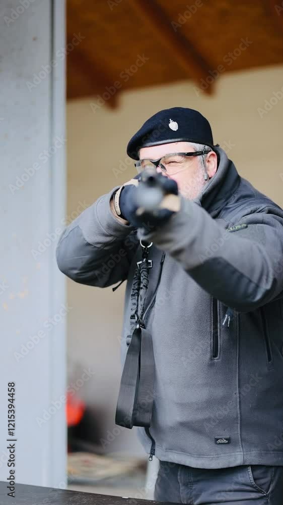 An instructor of shooting in a beret at a shooting range aims straight ...