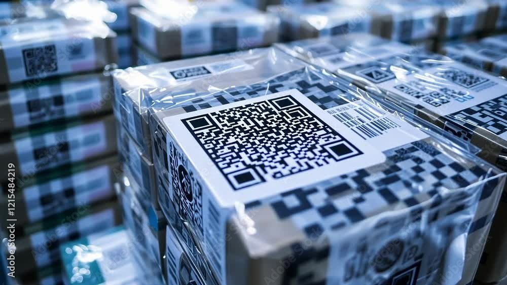 Cardboard boxes with qr codes and barcodes stacked in a warehouse ...