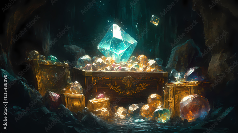 Photo & Art Print Glowing diamond icon amidst a hoard of precious gems ...