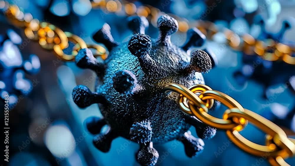 Dark blue virus attached golden chains blurred molecular background ...