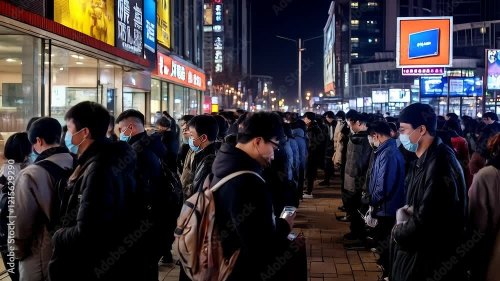 Crowded city street at night with people wearing masks and lit ...