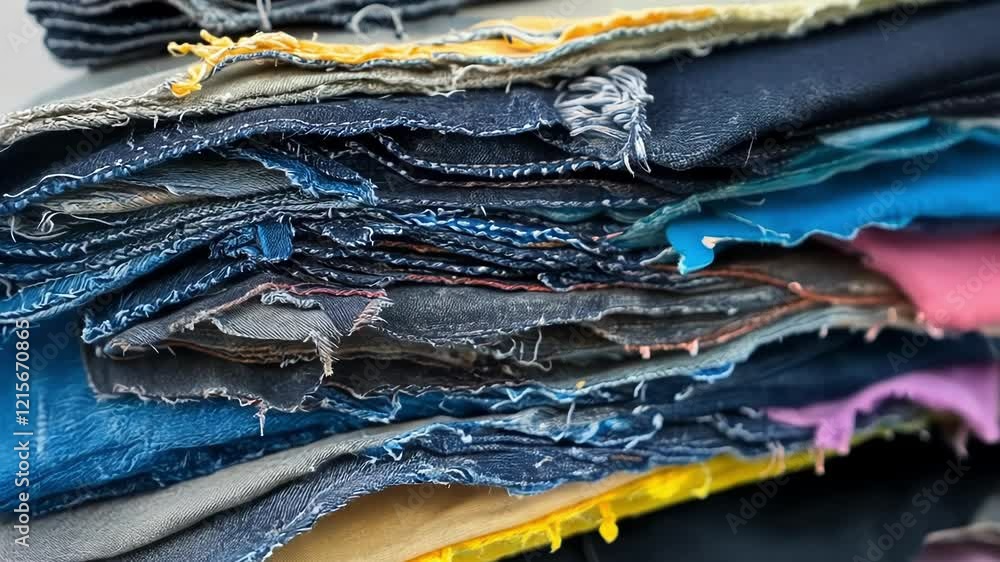 Layers of recycled denim scraps stacked together, featuring frayed ...