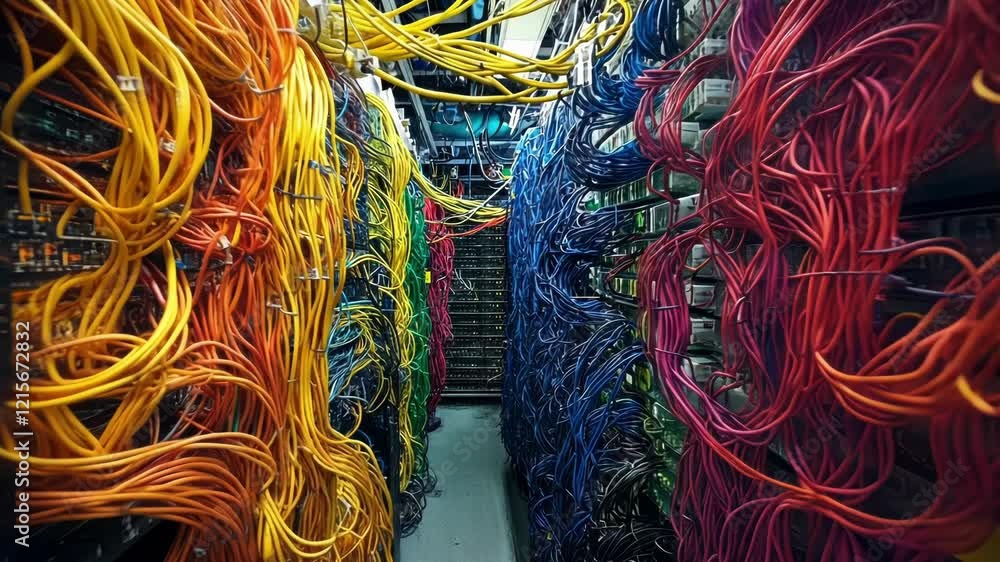 Many colorful network cables are connecting server racks inside a ...