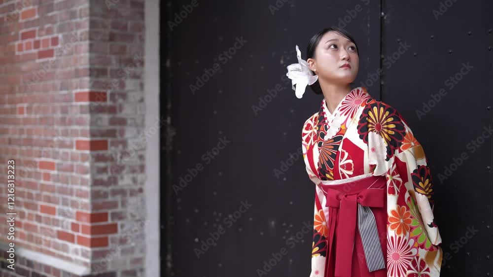 Young women in their 20s wear traditional hakama (kimono) in Japan ...