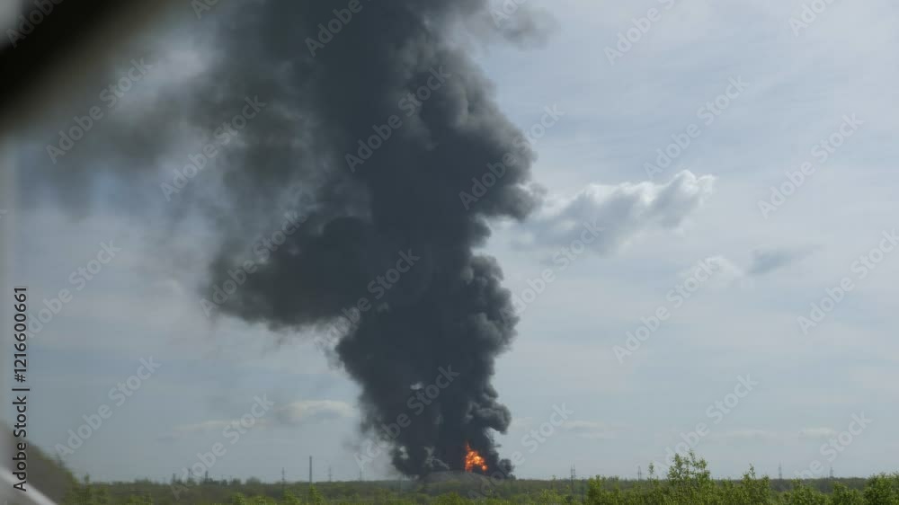 A giant fire and a column of black smoke after an explosion at an oil ...